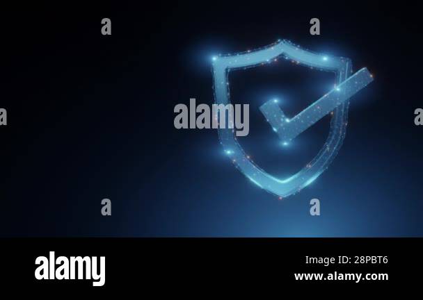 Glowing digital shield with a checkmark representing security, safety, and data protection in a ...