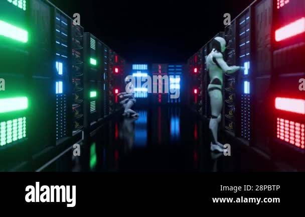 Futuristic AI robots work in a server room, maintaining and managing data storage systems with ...