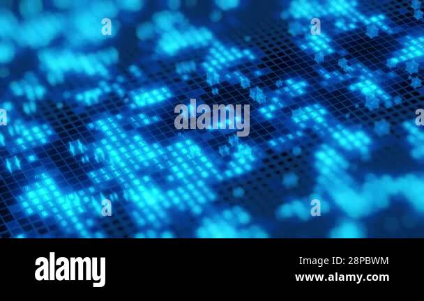Close-up of a glowing binary code grid in blue tones, featuring ...