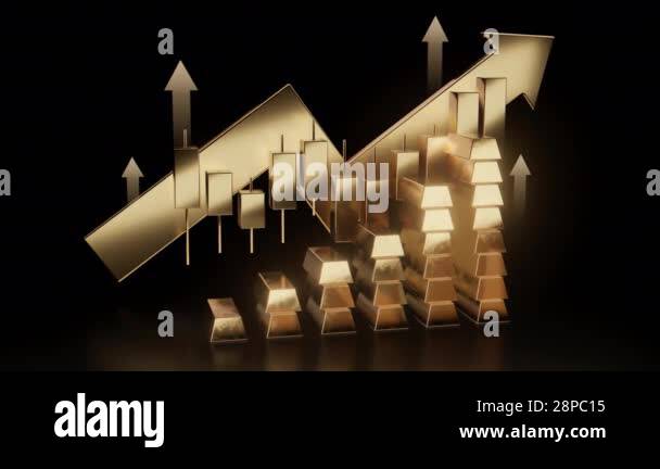 Gold bars and candlestick chart rising with arrows symbolizing the ...