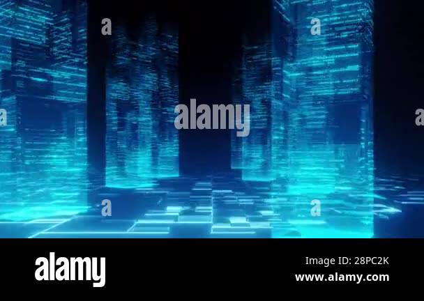 Big data server futuristic flow code in cyber space room, camera fly through animation, blue ...