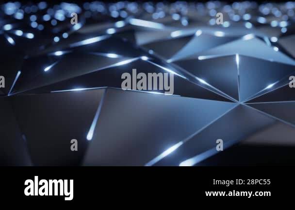 3d Abstract triangles spin background, close up camera view, blue light ...