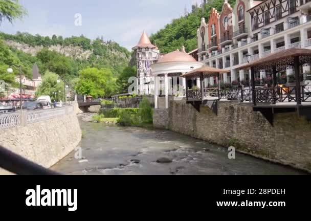 Borjomi city center shows picturesque view of hotel with balconies and ...