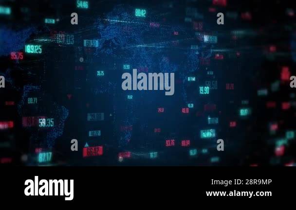 Trading chart showing numbers increase and decrease on different globe ...