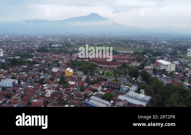 The drone view of Purwokerto cityscape in Banyumas Regency, Central Java, Indonesia. It was ...