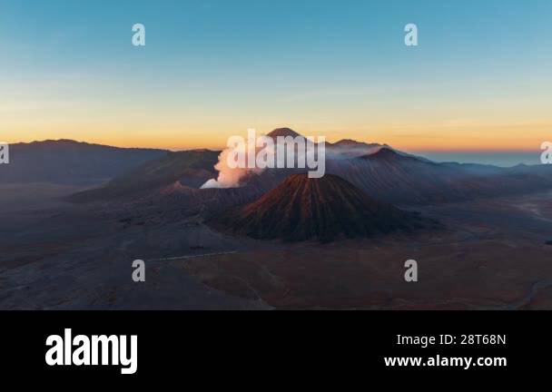 Hyperlapse aerial view flying orbit around mount Bromo active volcano ...