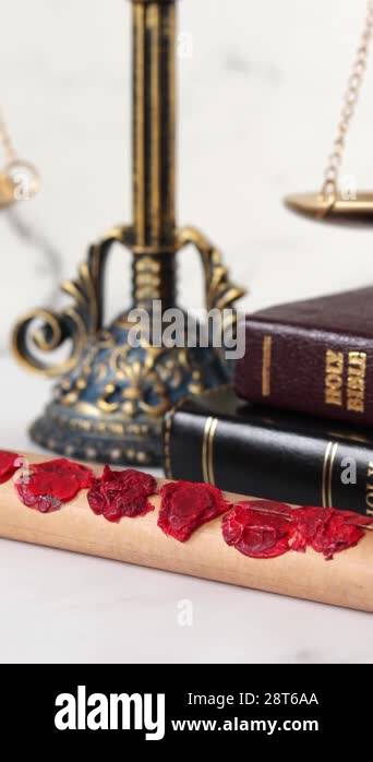 Ancient scroll with seven seals, holy bible book and balance scale ...