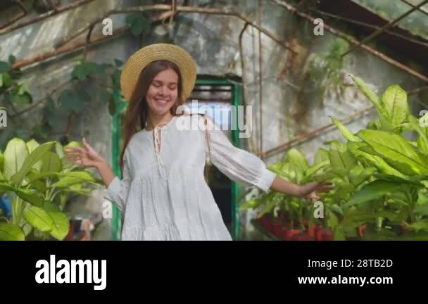happy summer vacation in countryside, beautiful young woman walking in ...