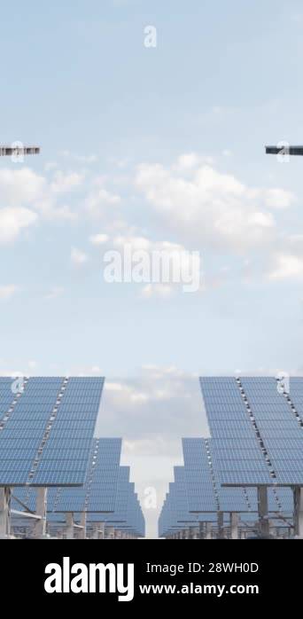 Solar panel farm tracking sunlight, rotating photovoltaic panels generating renewable ...
