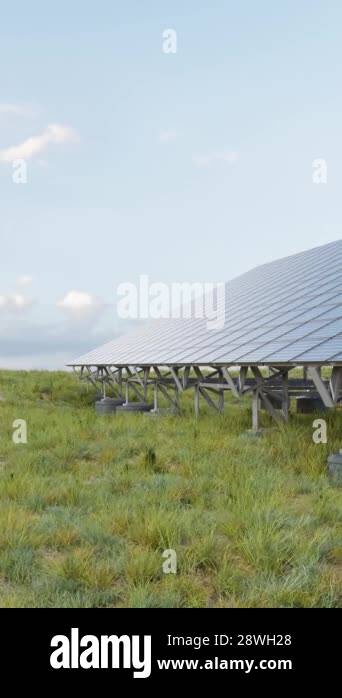 Large solar panels stand in a grassy field, converting sunlight into ...