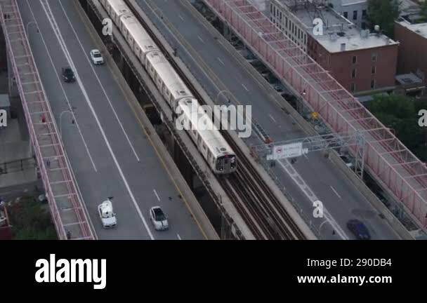 Aerial view of the New York City subway in Brooklyn. Shot in ...