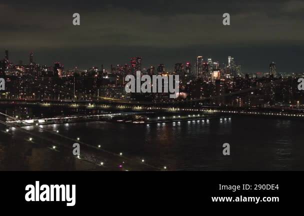 Aerial view of the subway crossing The Manhattan Bridge. The bridge ...