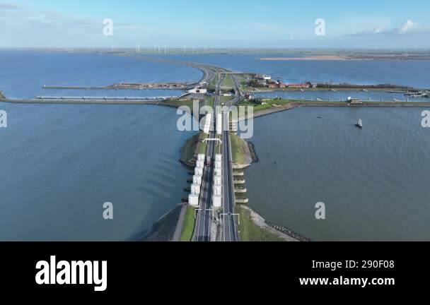 Aerial from the highway A7 at the sluices from Kornwerderzand in the ...