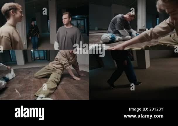 Split screen of three Caucasian male zoomers in streetwear greeting ...