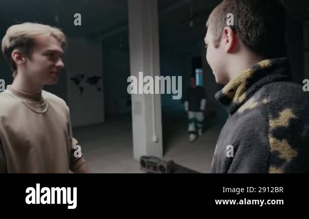 Medium close up shot of two Caucasian gen Z friends in streetwear ...