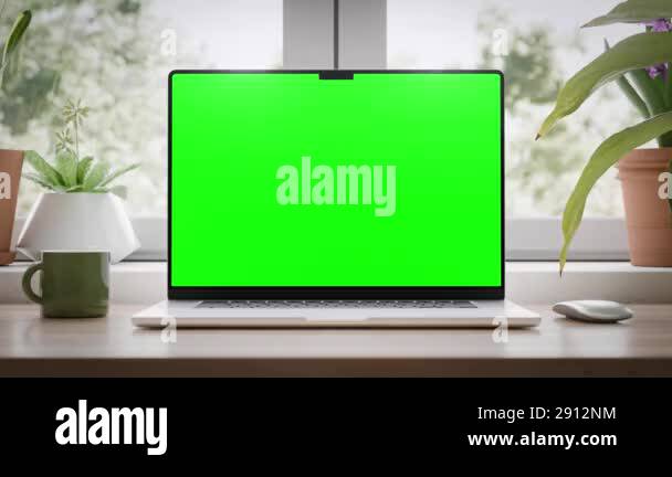 Laptop with green screen on a desk in a stylish home interior. The ...