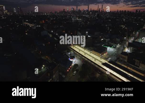 Aerial view of Astoria, Queens at dusk. Shot during the summer in New ...