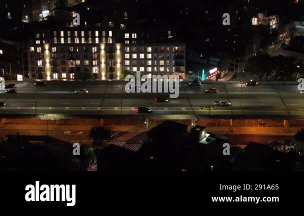 Aerial view of traffic on the Brooklyn Queens Expressway at night. Shot ...