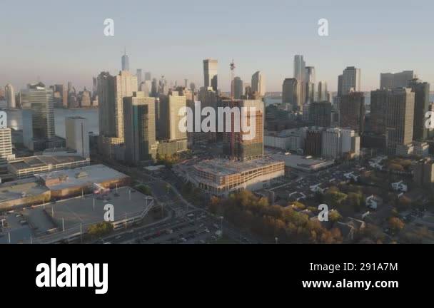 Aerial view of Hoboken, New Jersey at dusk. Shot on an autumn day in 4k ...
