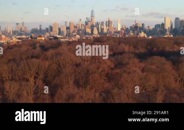 Aerial view of Prospect Park on a winter morning. Shot at sunrise with ...