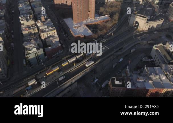 Aerial view of the Manhattan Bridge Arch and Colonnade. Shot on a ...