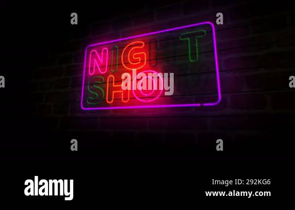 Show time event neon symbol on brick wall. Showtime entertainment light ...