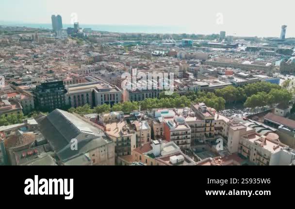 Aerial tilt up shot over residential area in Barcelona, Spain. High ...