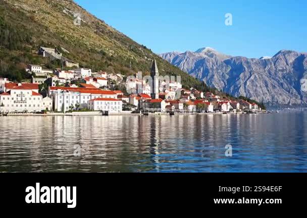 Panorama view of the historic town at famous Bay of Kotor with boats in ...