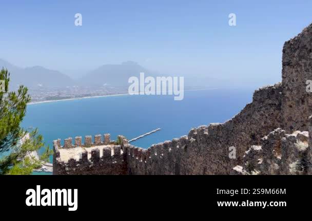 Overhead view of Cleopatra and Damlatas beach from Alanya castle.Turkey ...