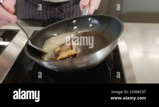 Chef Cook Prepares Delicious Fish Dish at Restaurant. Slow motion 60fps ...