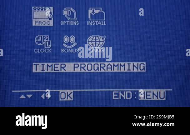 A CRT screen displays menu navigation that glitches and transforms into ...