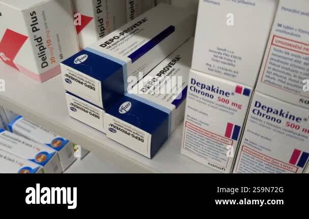 Prague,Czech Republic-January 24 2025: DEPO-PROVERA box of medication ...