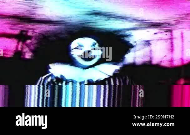Creepy spooky clown with dust and scratches on tv scrren glitch effect ...