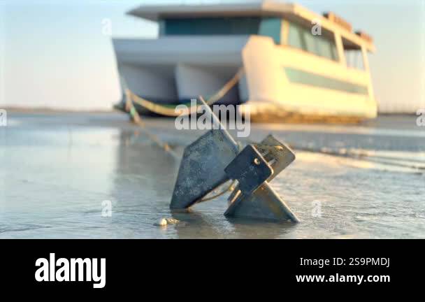 Metallic anchor resting against undisturbed golden sands captures ...