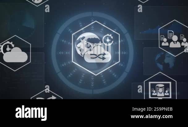 A futuristic interface displays various environmental icons. The ...