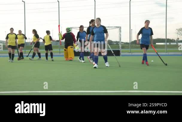 Female hockey team strategizing on field, preparing for competitive ...