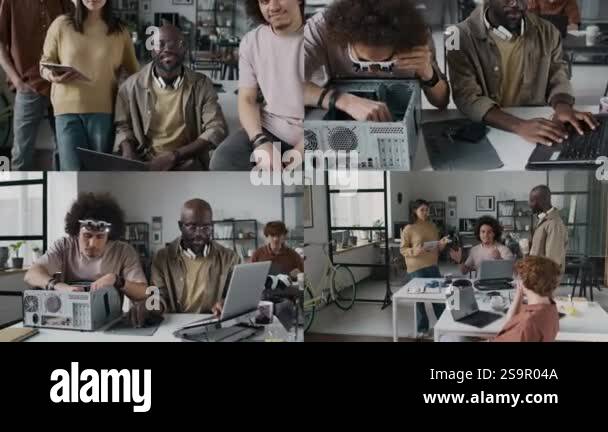 Split screen of team of four multi-ethnic young programmers and ...