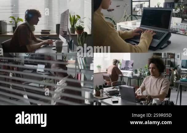 Split screen of diverse young web developers writing codes on computers ...