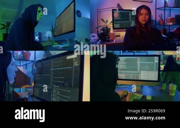 Split screen of two gen Z cyber thieves working on computers stealing ...