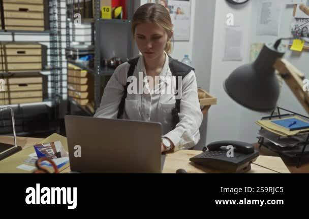 Focused woman detective working at police department with laptop ...