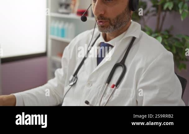 Doctor wearing headset in a hospital office interacting through computer displaying telemedicine ...