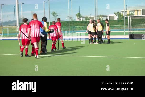 Hockey players shaking hands after match on outdoor field, showing ...