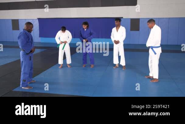 Practicing judo, group of athletes in martial arts uniforms on mat ...