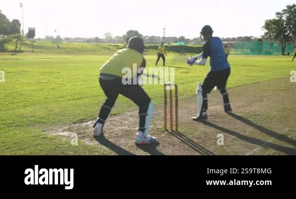 Cricket players running between wickets on sunny field during match ...