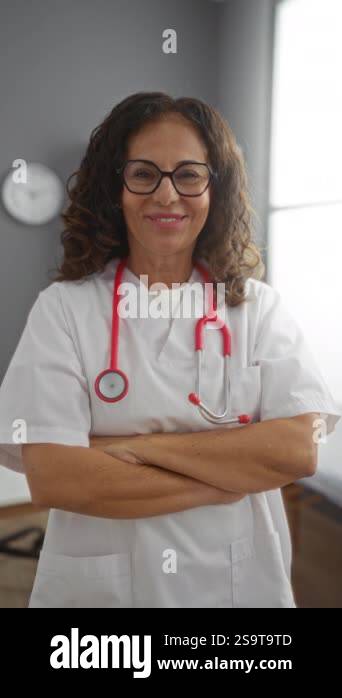 Woman in a clinic wearing a white coat and stethoscope crosses her arms ...