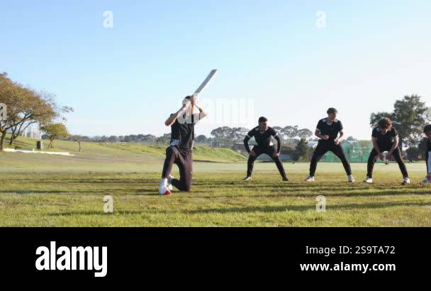 Playing cricket outdoors, team practicing fielding and batting on ...