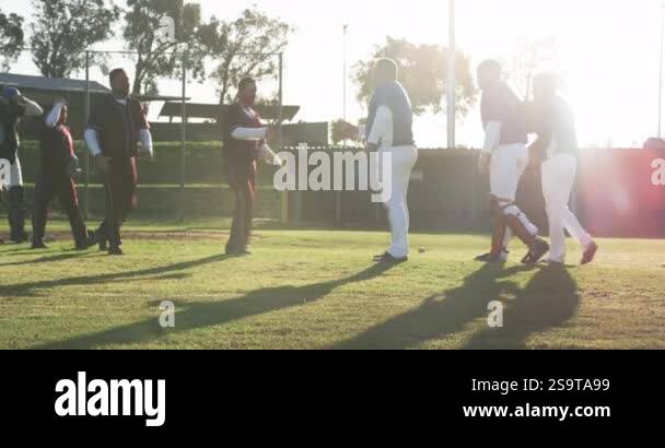 Baseball players shaking hands on field after game, showing ...