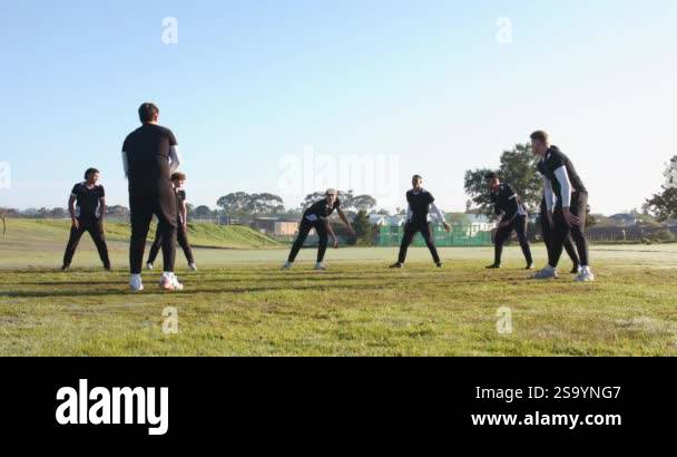 Playing cricket outdoors, group of men practicing on grassy field ...
