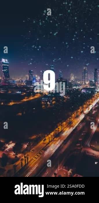 New Year 2026 vertical fireworks. Sparkling animated numbers on city. High quality 4k footage ...