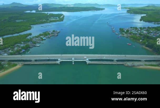 Aerial view beautiful Sarasin bridge on the blue sea.Sarasin bridge is ...